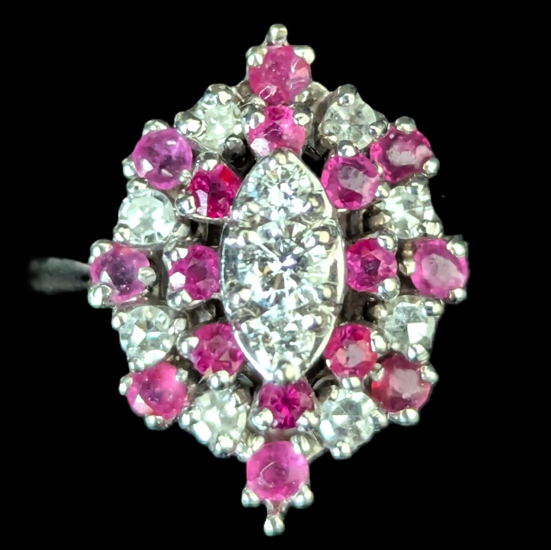Vintage Diamonds Gemstones 14k White Gold Cluster Navette Ring Estate ...