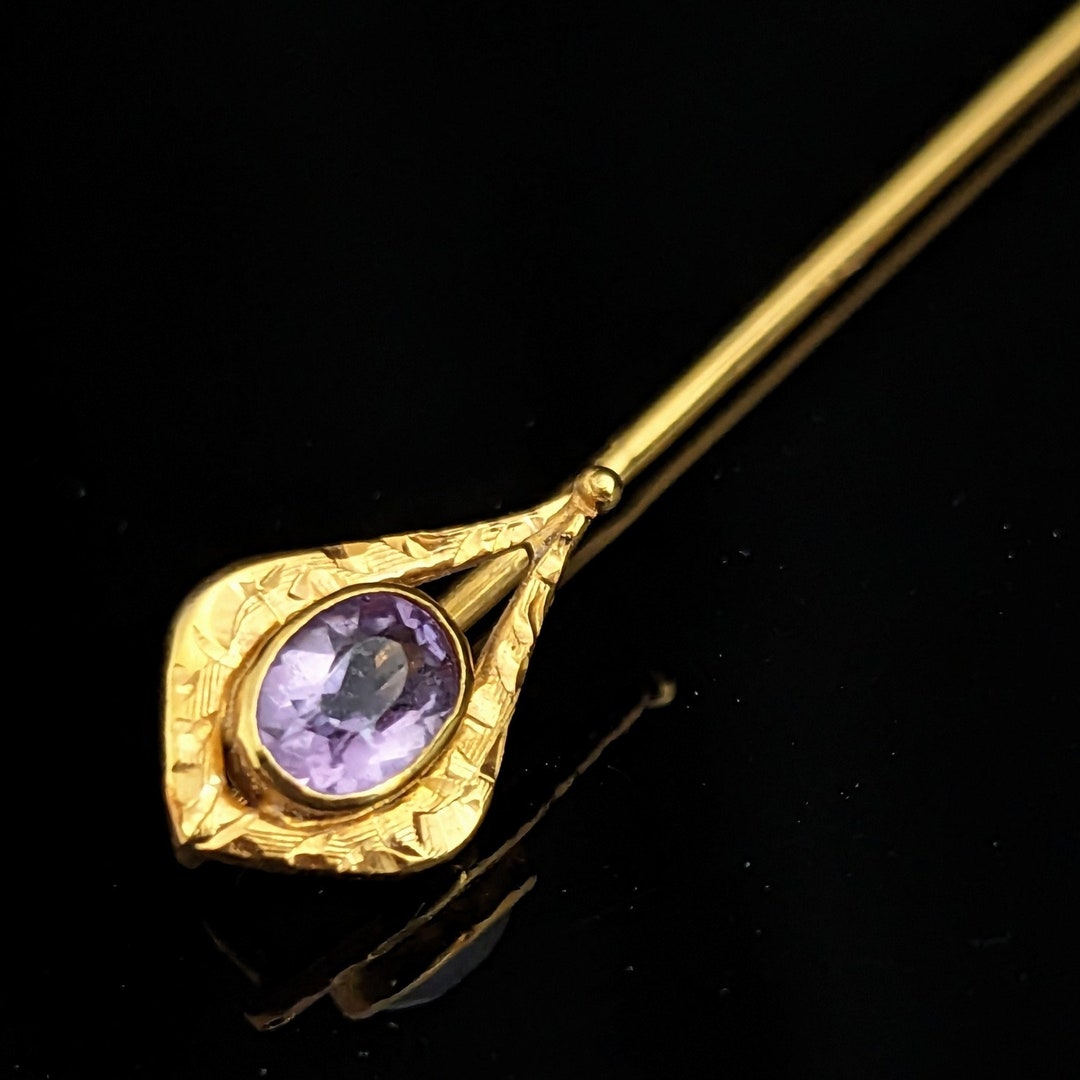 Vintage 10k Yellow Gold Amethyst Stick Pin Estate Jewelry Brooch Retro ...