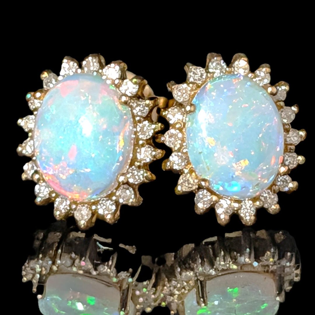 Vintage Opal Diamond 14k Yellow Gold Halo Earrings Posts Estate Jewelry ...