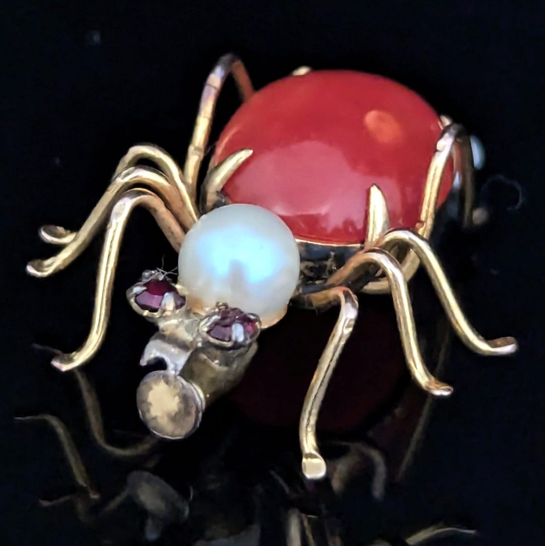 Retro Era Spider Brooch Coral Pearl Gem 10k Yellow Gold Vintage Mid ...