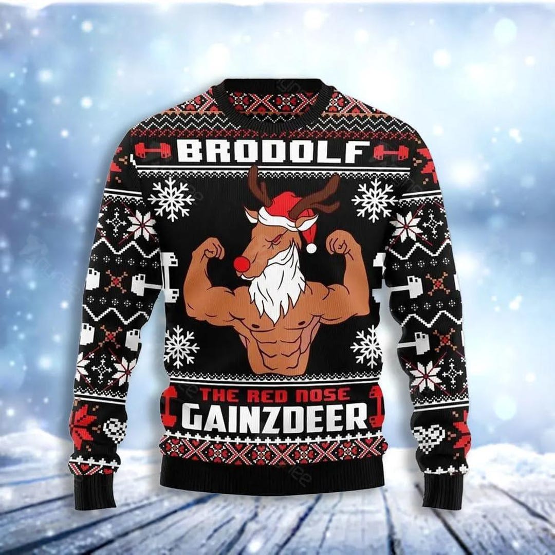 Brodolf the Red Nose Gainzdeer Ugly Christmas Sweater, Bodybuilder ...