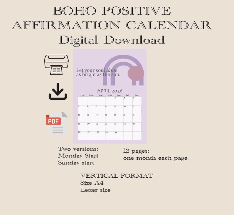2026 Positive Affirmation Calendar, Boho Geometric Printable Calendar ...
