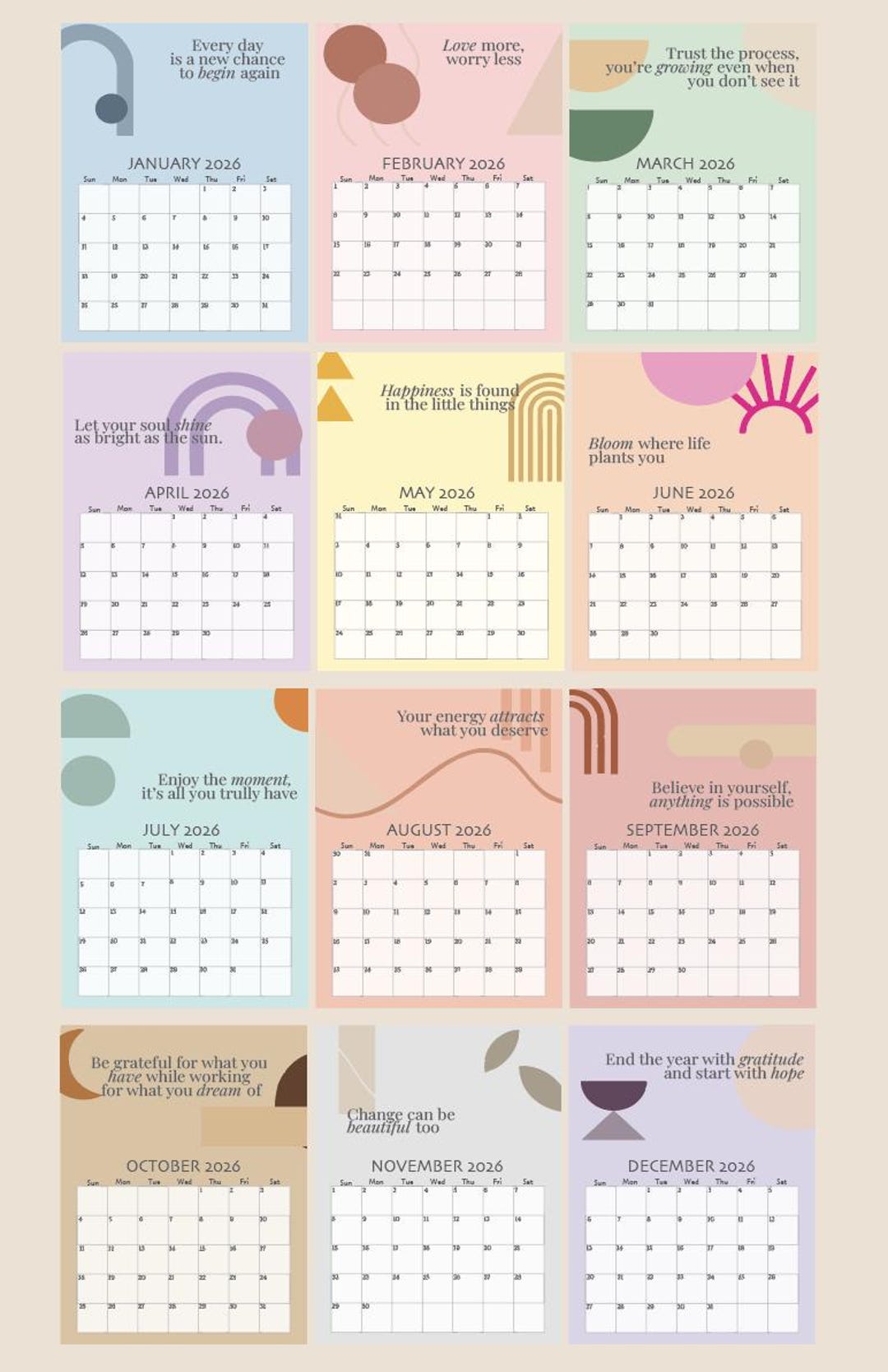 2026 Positive Affirmation Calendar, Boho Geometric Printable Calendar ...