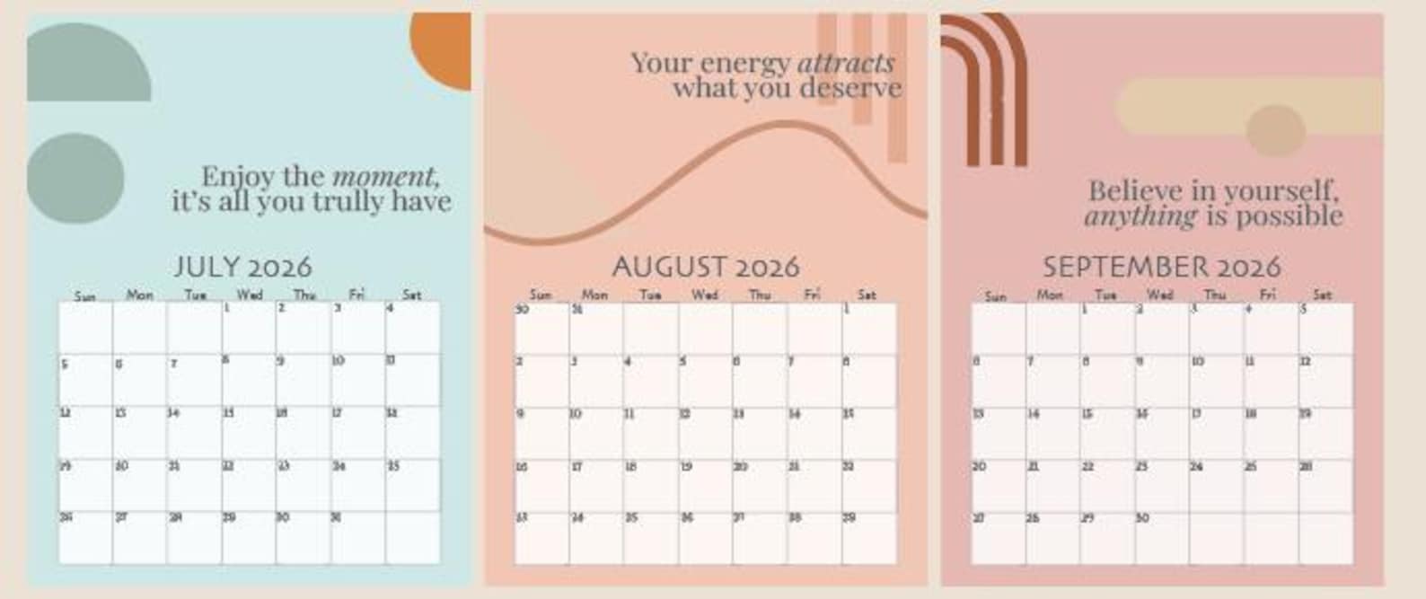 2026 Positive Affirmation Calendar, Boho Geometric Printable Calendar ...