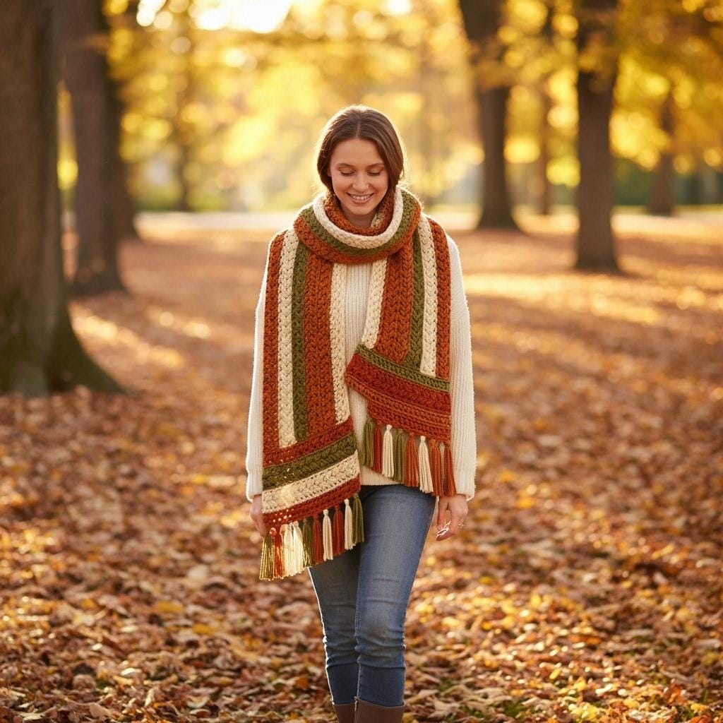 Striped Tassel Scarf Crochet Pattern, Intermediate Skill (digital ...