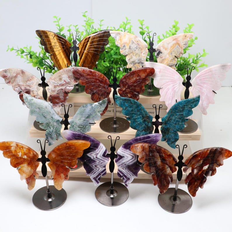 Natural Crystal Butterfly Wings With Stand | Hand Carved Gemstone ...