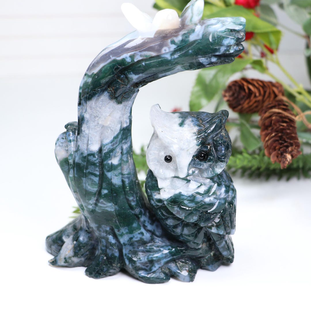 Gaint Crystal Owl on Branch Sculpture | Hand Carved Natural Gemstone ...