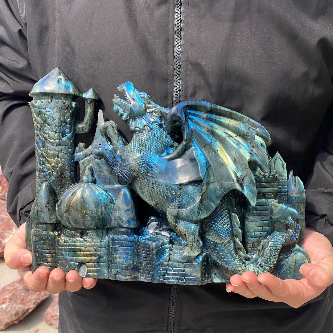 AAA+ Natural Labradorite Dragon Castle Carving | 14.8lb（6.72kg）hand ...