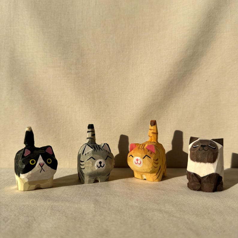 Handmade Wooden Cat Figurine, Hand Carved Cat Sculpture, Minimalist ...