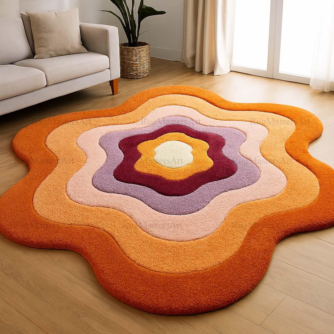 Pink Wavy Wool Area Rug Retro Flower Hand-tufted Rug Wavy 70s Style ...