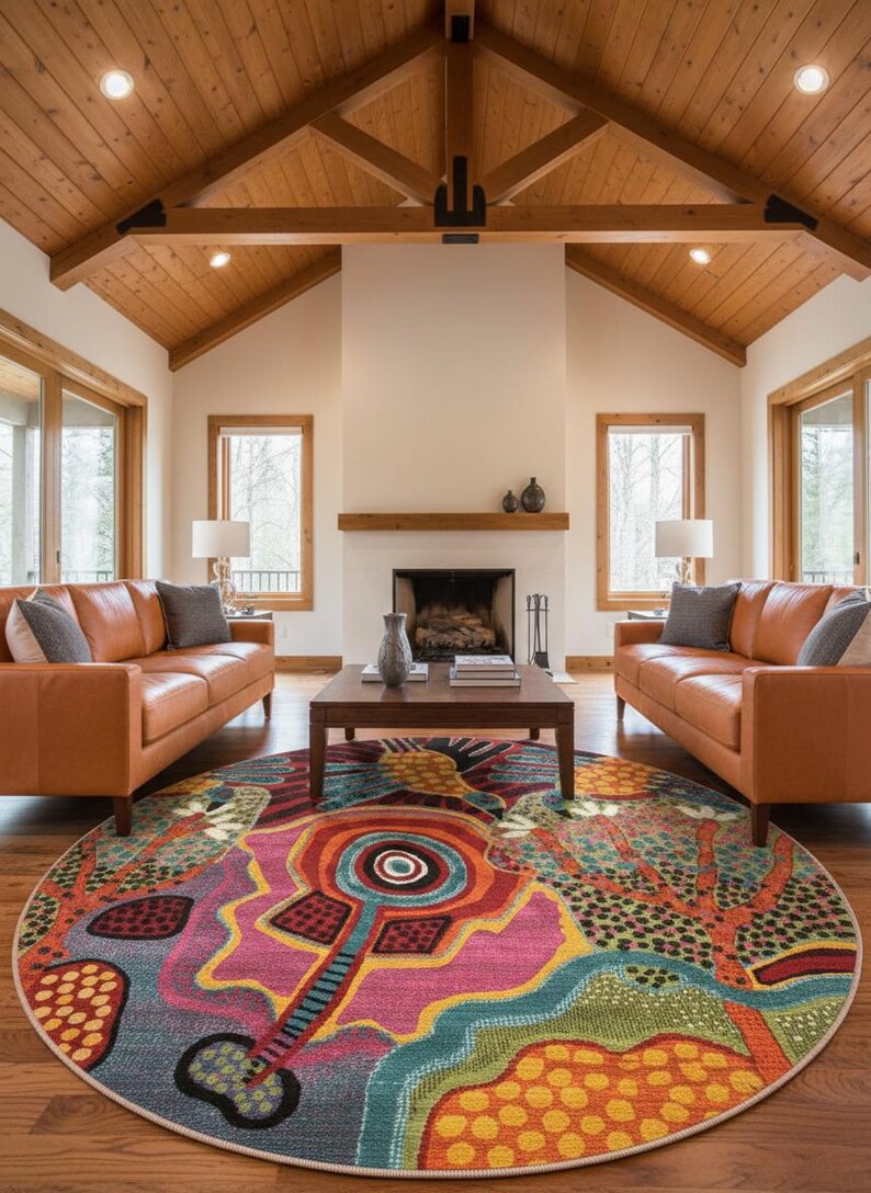 Aboriginal Birds Round Rug | Multicolor Tribal Boho Ethnic Bird Design ...