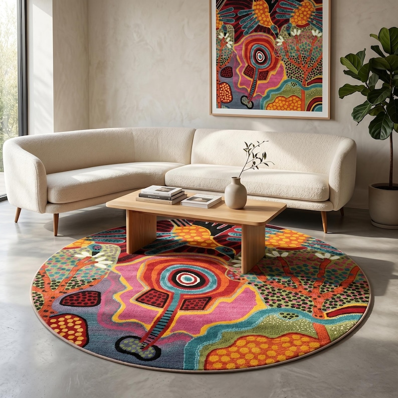 Aboriginal Birds Round Rug | Multicolor Tribal Boho Ethnic Bird Design ...