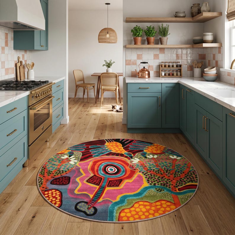 Aboriginal Birds Round Rug | Multicolor Tribal Boho Ethnic Bird Design ...