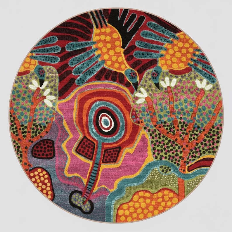 Aboriginal Birds Round Rug | Multicolor Tribal Boho Ethnic Bird Design ...