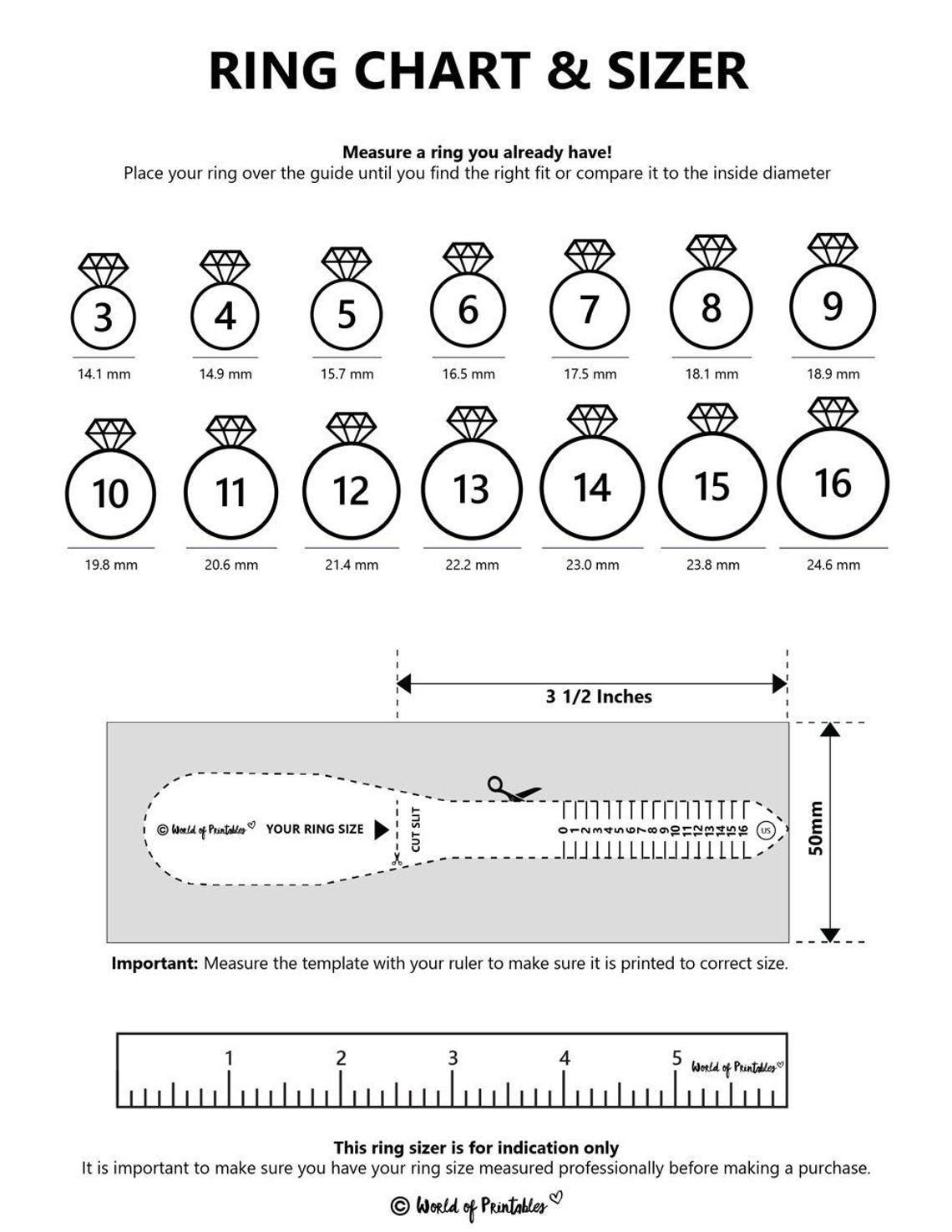 Ring Sizer | US & International Ring Size Chart (printable PDF) - Etsy