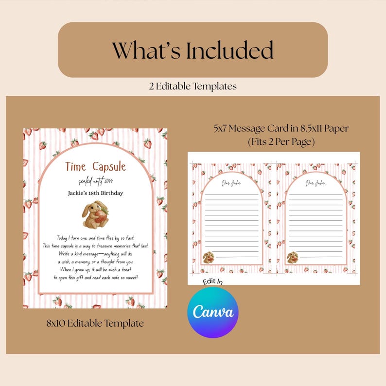 Strawberry Bunny Time Capsule Printable, Customizable Message Cards ...