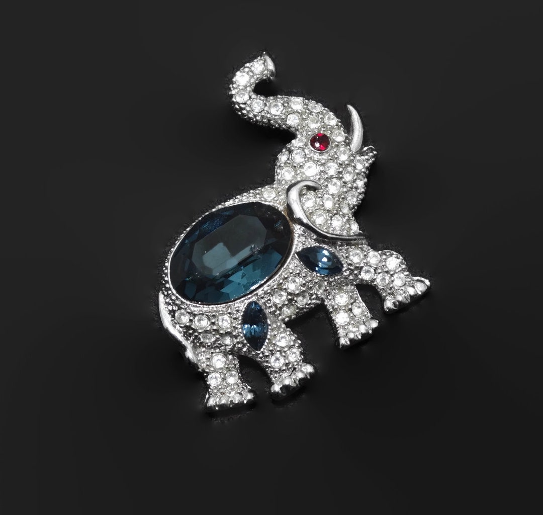 Vintage Rhinestone Elephant Pin Brooch - Dazzling Big Blue Stones! - Etsy