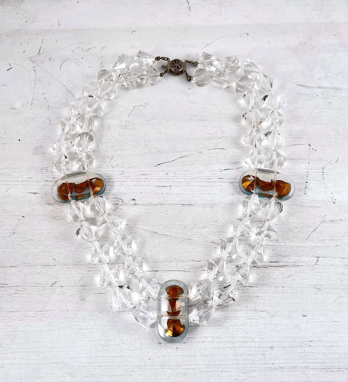 Vintage 1960s Mod Clear Lucite Crystal Bib Necklace With Big Turquoise ...