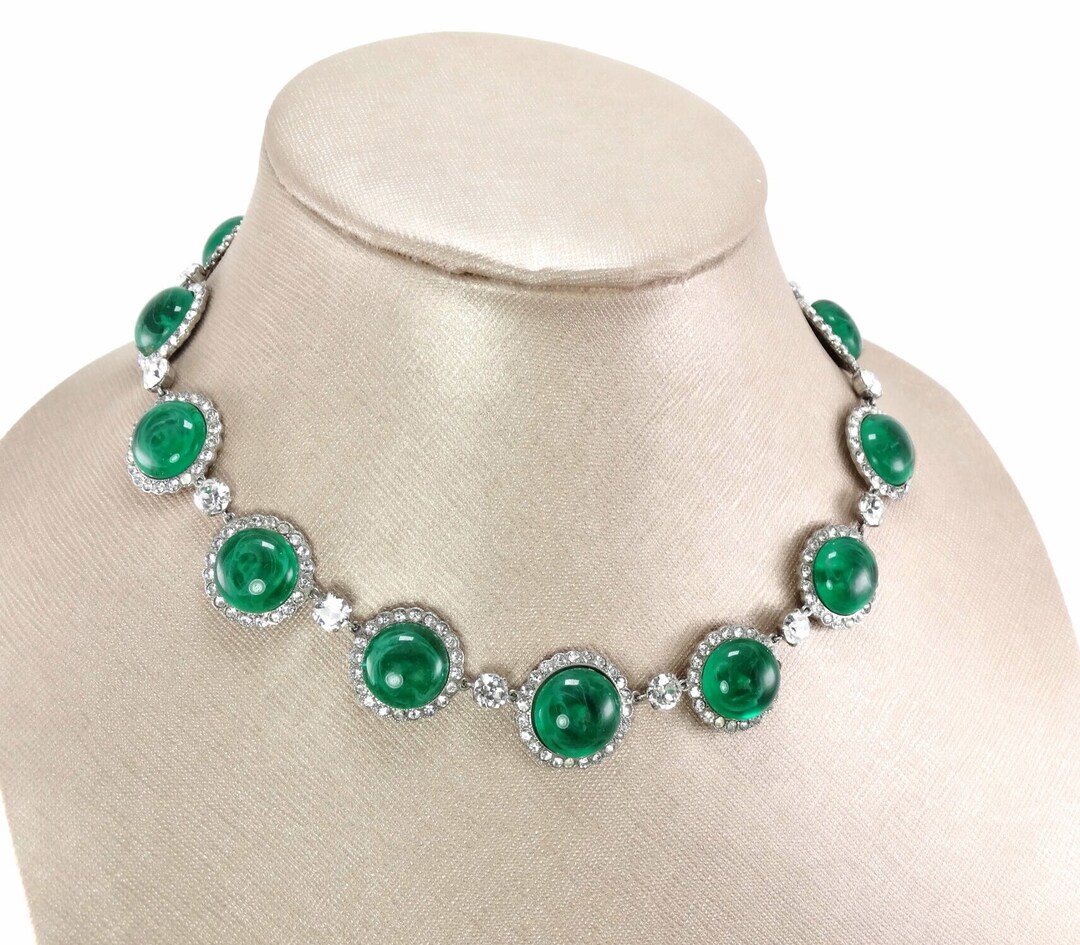 Vintage MOGUL MUGHUL Flawed Emerald Glass Rhinestone Full Collar ...
