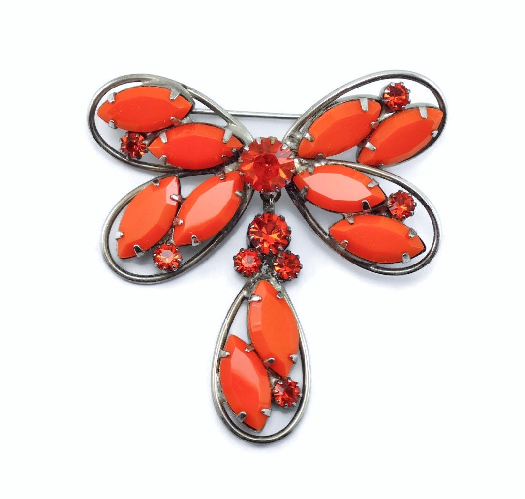 Butterfly Dangle Pin Vintage Orange Rhinestone Brooch Stunning - Etsy