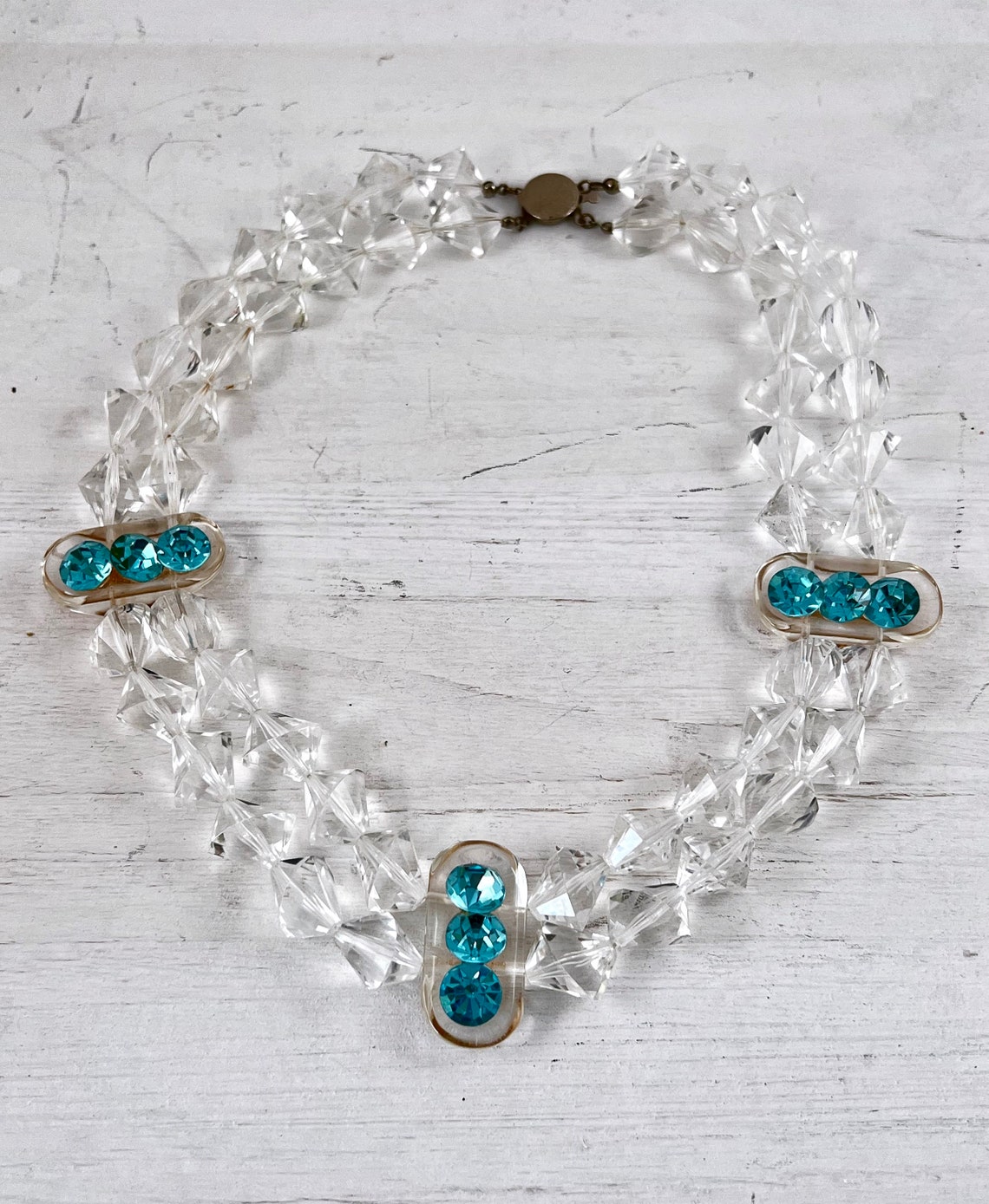 Vintage 1960s Mod Clear Lucite Crystal Bib Necklace With Big Turquoise ...