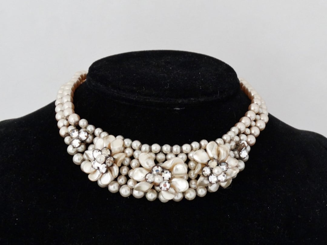 Stunning Vintage Louis Rousselet Glass Pearl & Rhinestone Necklace ...