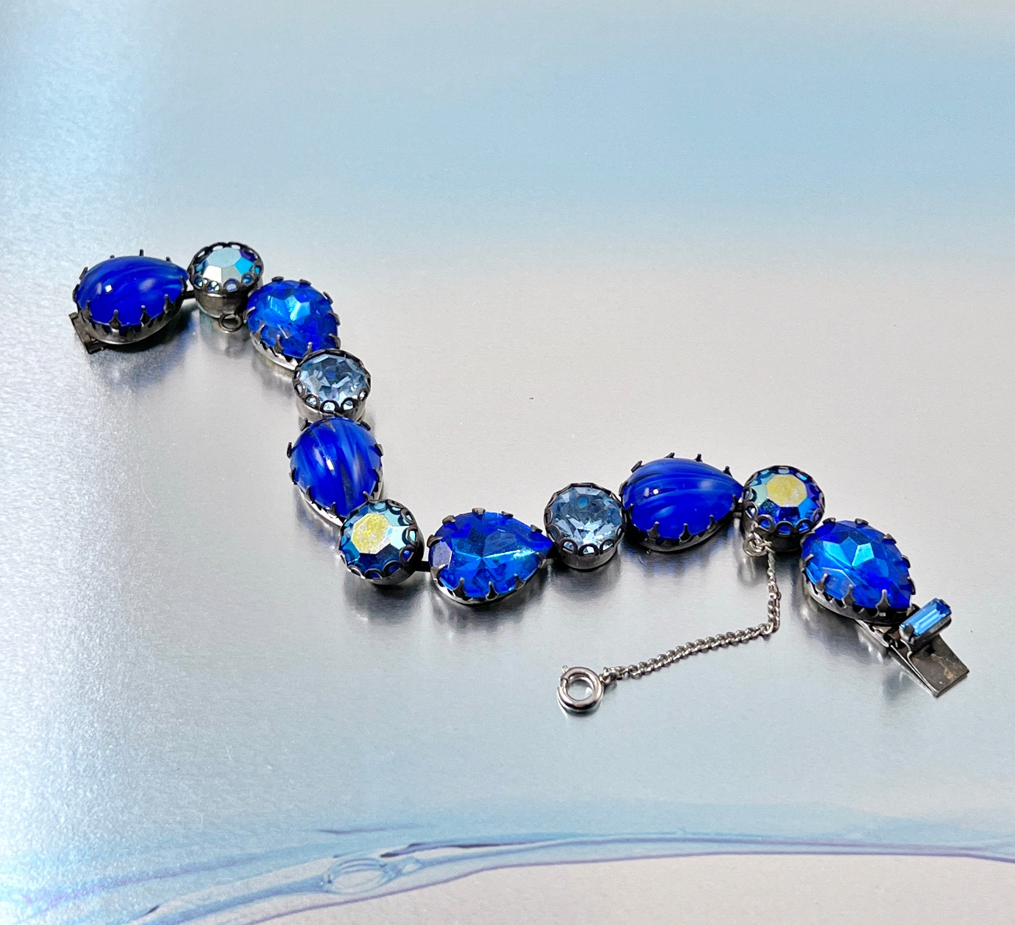 Signed REGENCY Blue AB Rhinestone and Lapis Lazuli Art Glass Stone ...