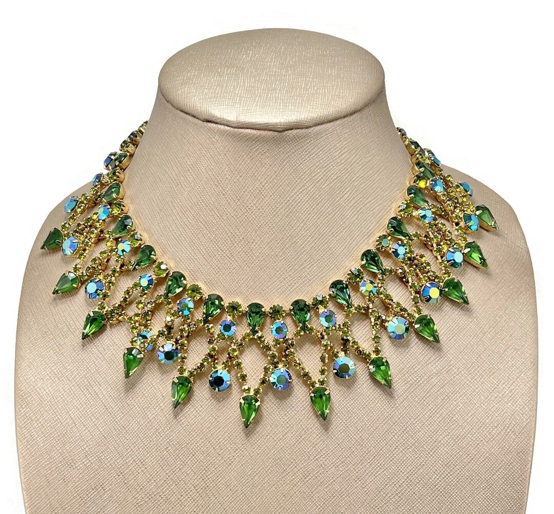 Massive Vintage KRAMER Bib Necklace - Emerald & Kelly Green Rhinestones ...