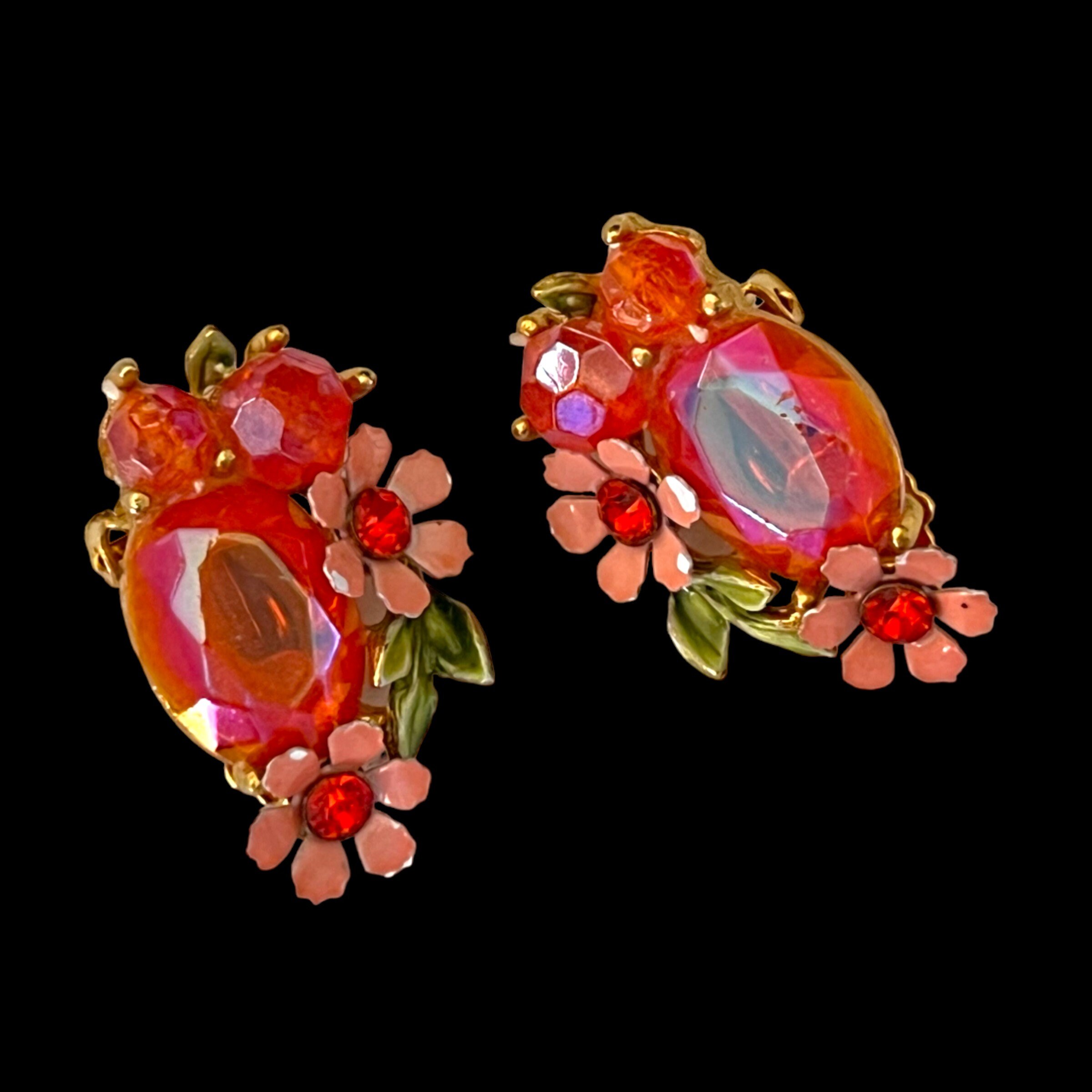 Vintage Signed Selini Selro Orange AB Coated Rhinestone and Beads Peach ...
