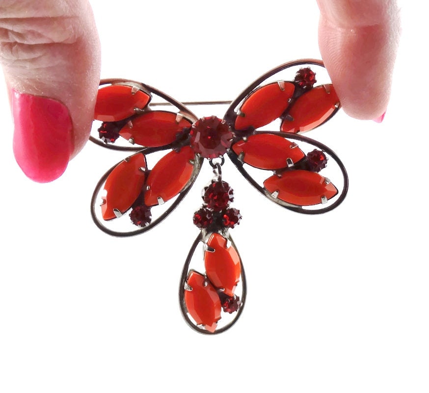 Butterfly Dangle Pin Vintage Orange Rhinestone Brooch Stunning - Etsy