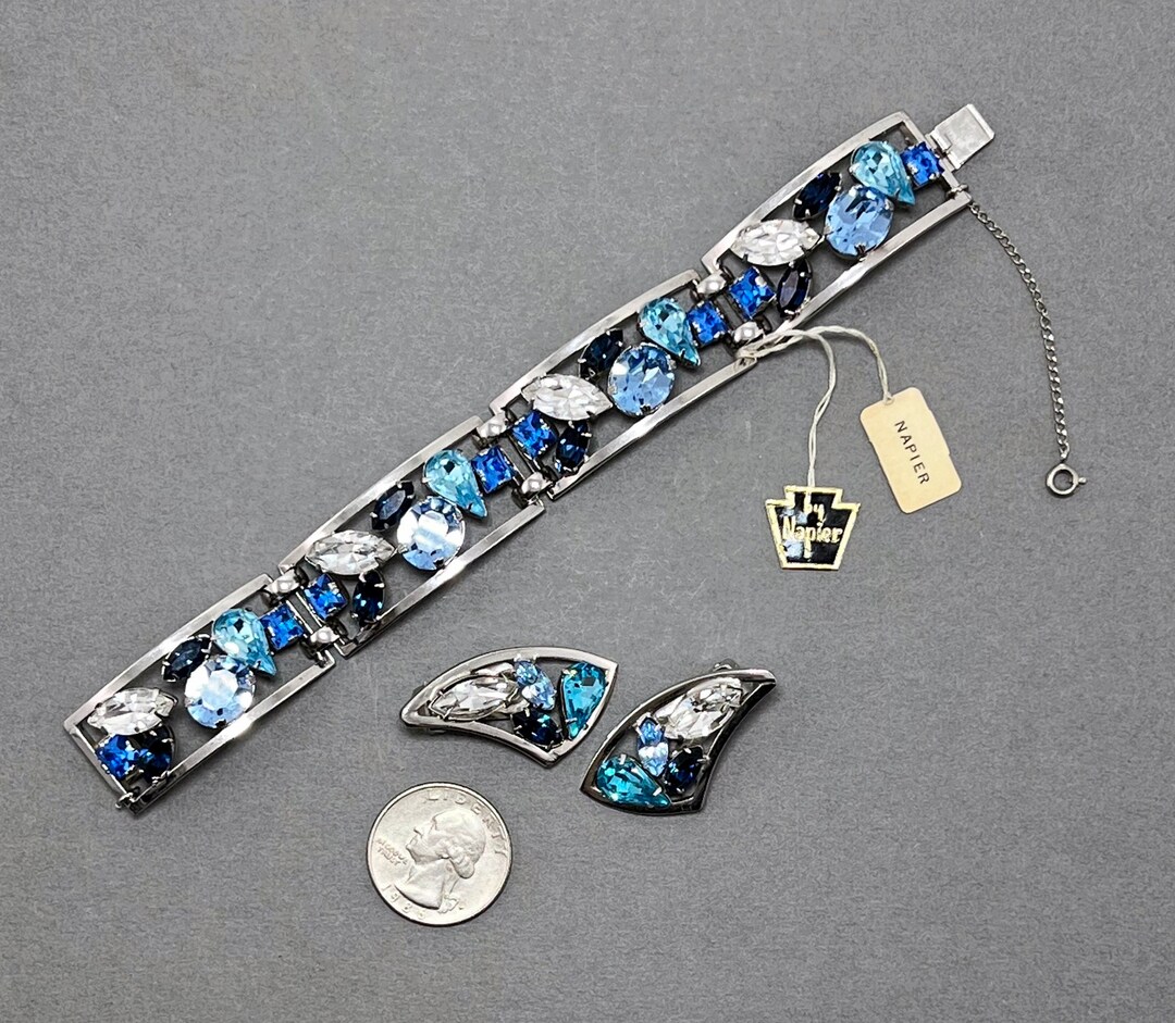 Rare Vintage NAPIER Crystal Sapphire Ice Rhinestone Panel Bracelet ...
