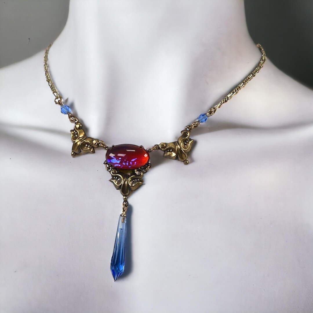 Vintage Art Nouveau Dragons Breath - Fire Opal Glass - Gold Washed ...