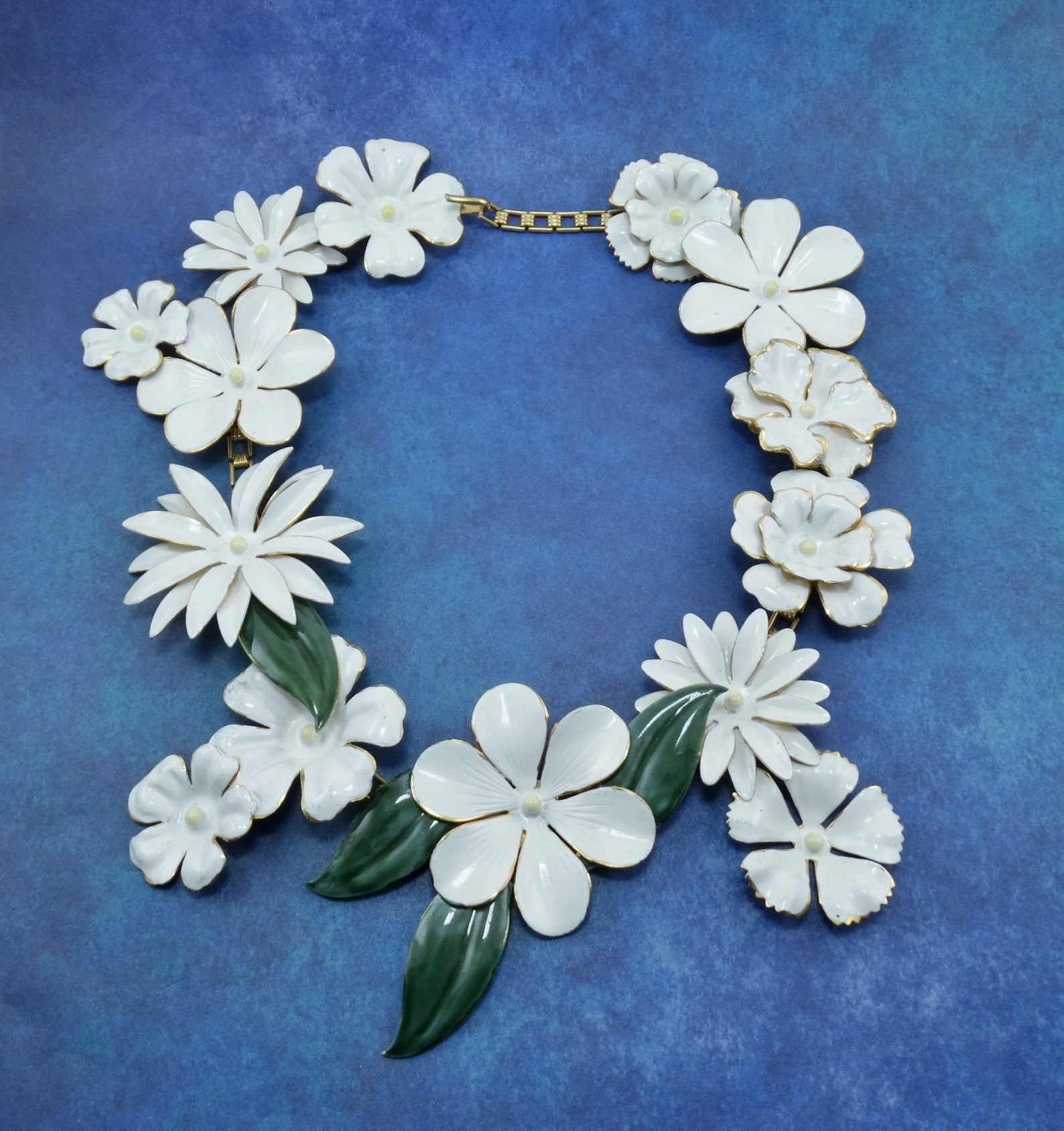 1956 Vintage SANDOR Glorious All White Enamel Flower With Green Leaves ...
