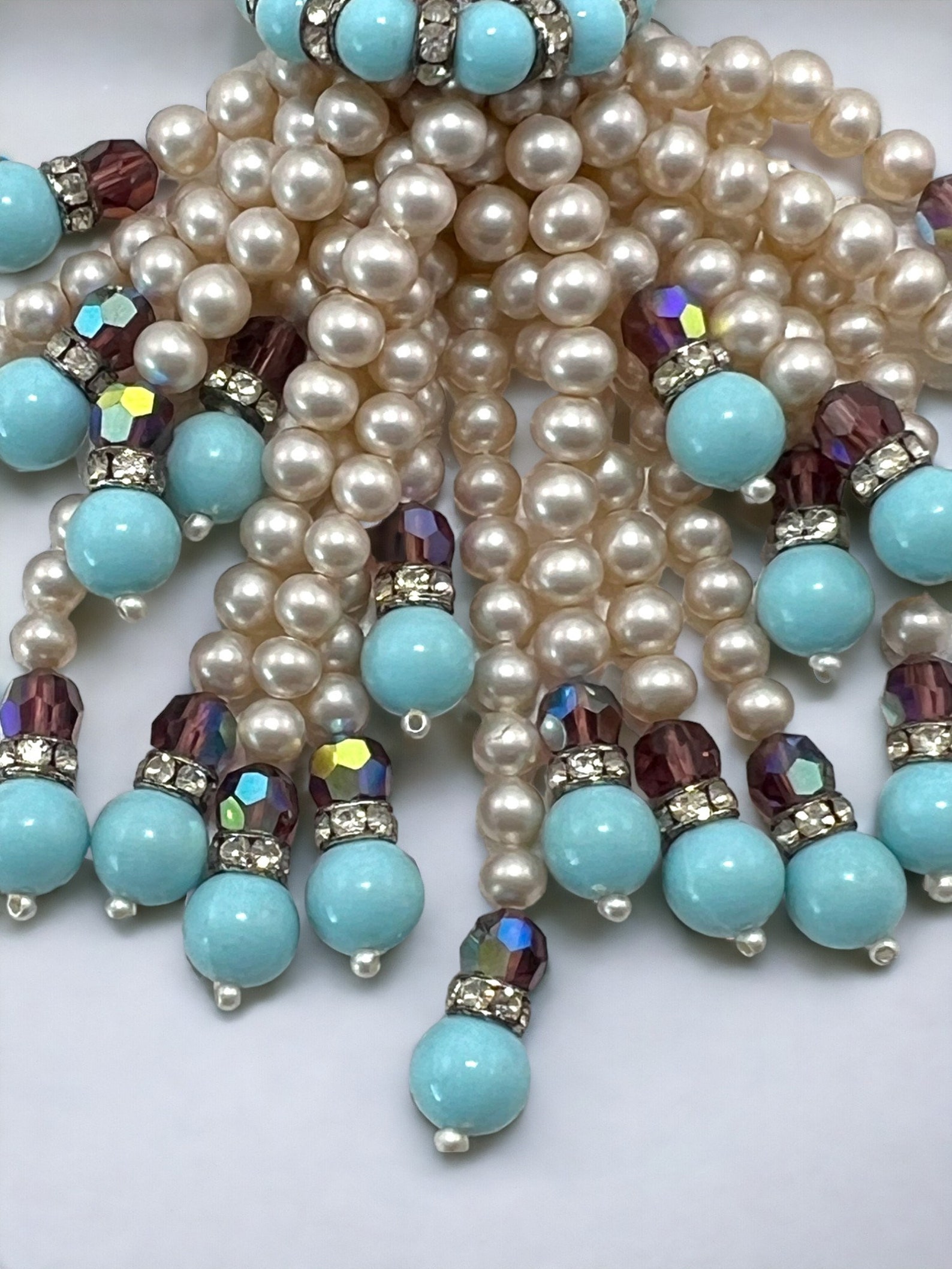 Long Vintage Fringe Tassel Necklace - Turquoise Blue Glass Beads ...
