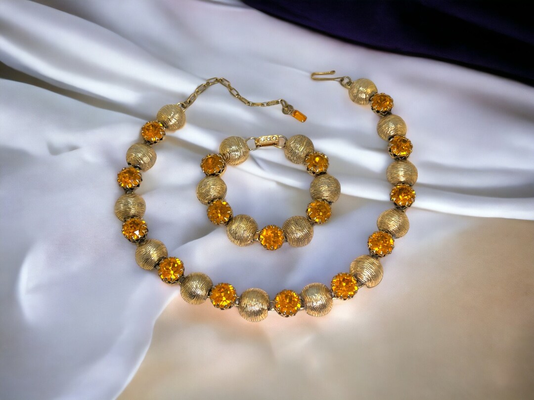 Vintage KRAMER Necklace & Bracelet Set - Yummy Golden Rhinestones ...