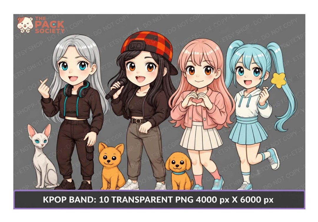 Kawaii K-pop Idol Clipart: Chibi Characters With Pets (PNG Digital ...