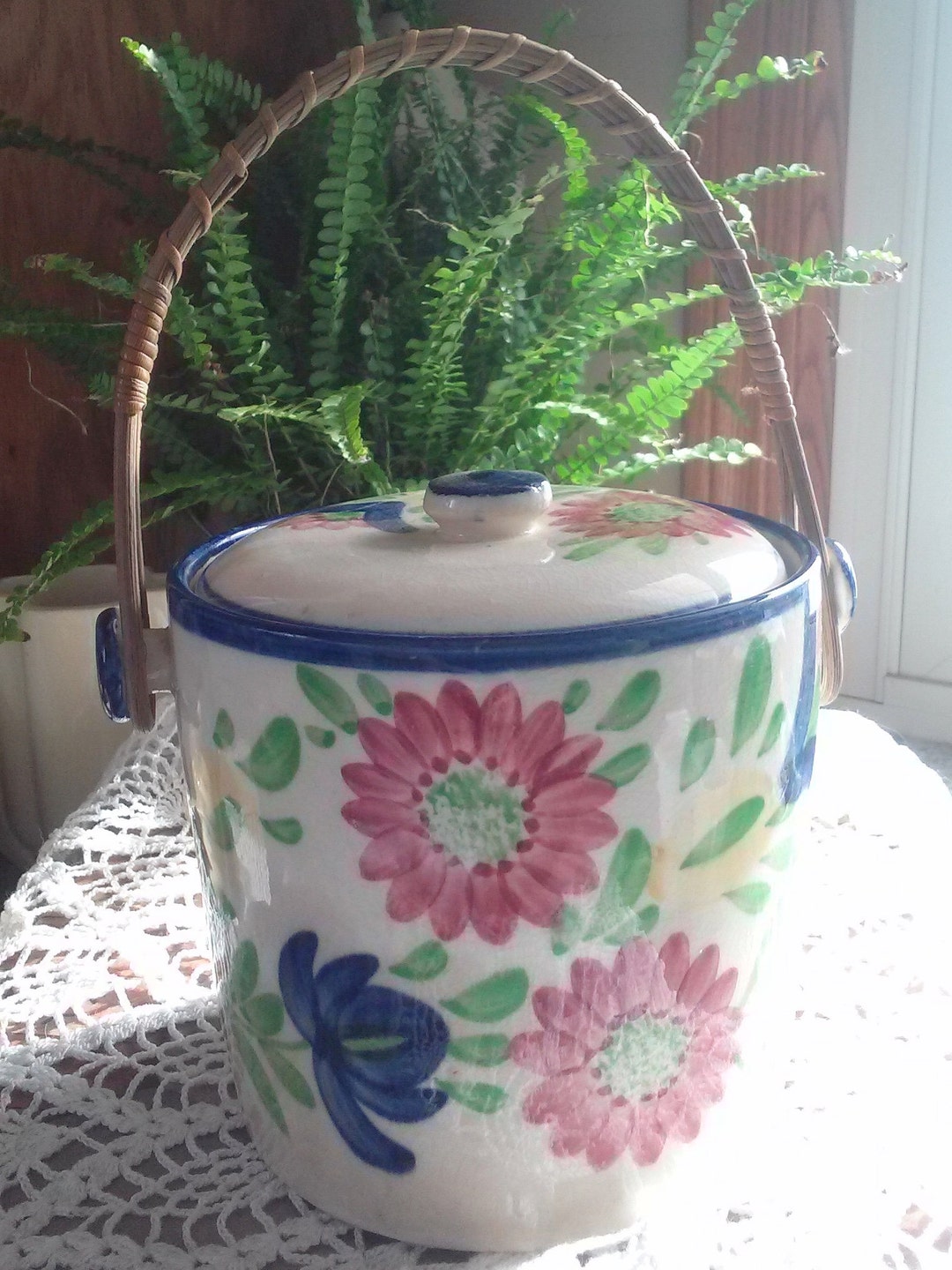 Vintage Biscuit Barrel With Rattan Handle Ceramic Tea Biscuit Barrel ...
