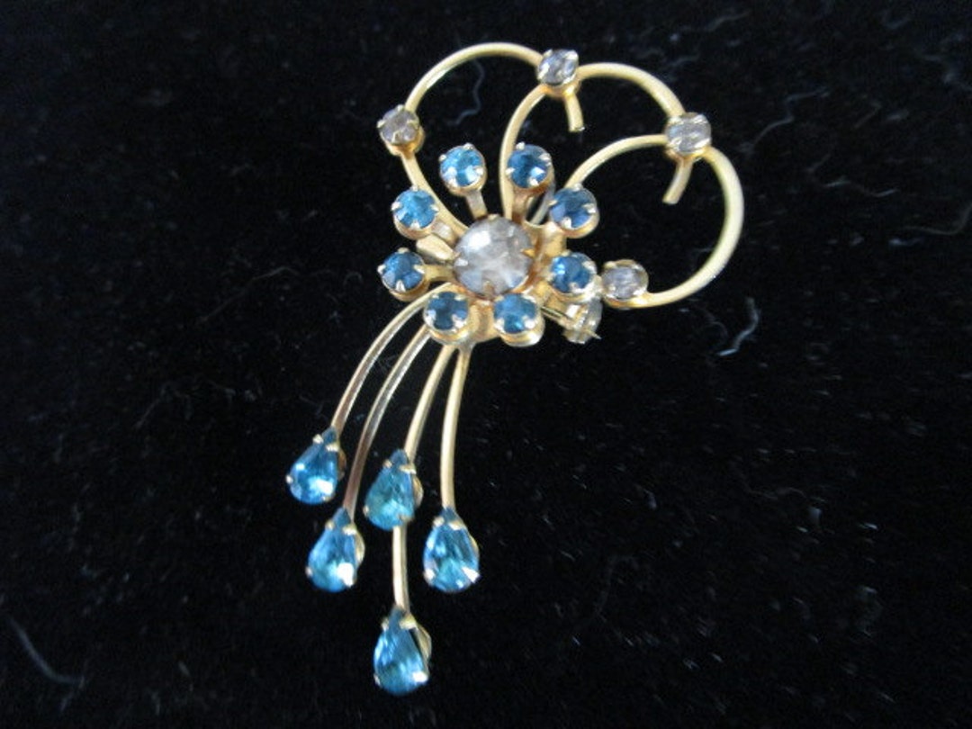 Flower Burst Rhinestone Brooch Turquoise Vintage Mid-century Jewelry ...