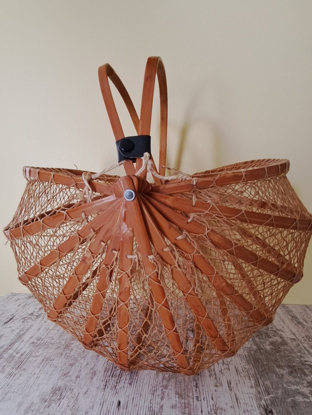 Rare Vintage Fishing Net and Bamboo Collapsible Basket Well Worn ...