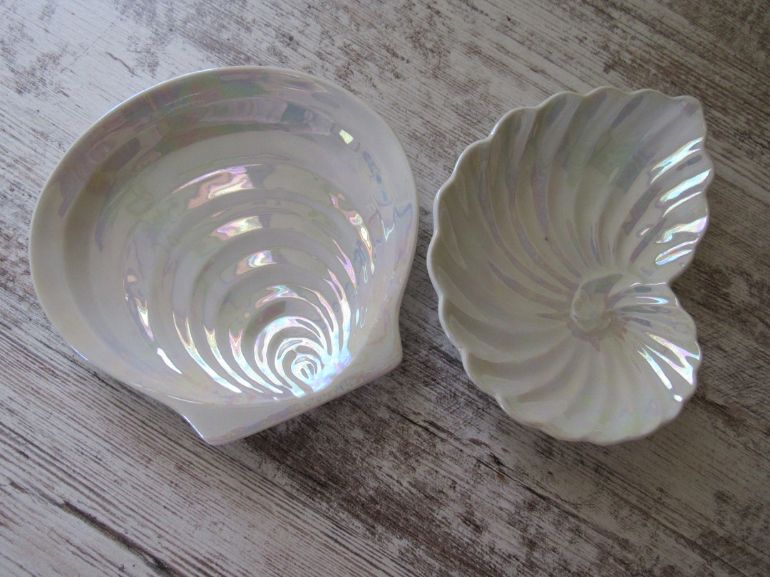 Vintage Shell Shaped Plates Whelk and Clam Shell White Iridescent ...