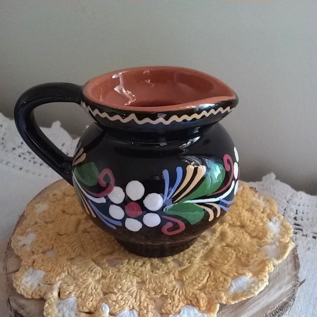 Vintage Red Ware Pottery Pitcher Hand Painted Folk Art Cream - Etsy