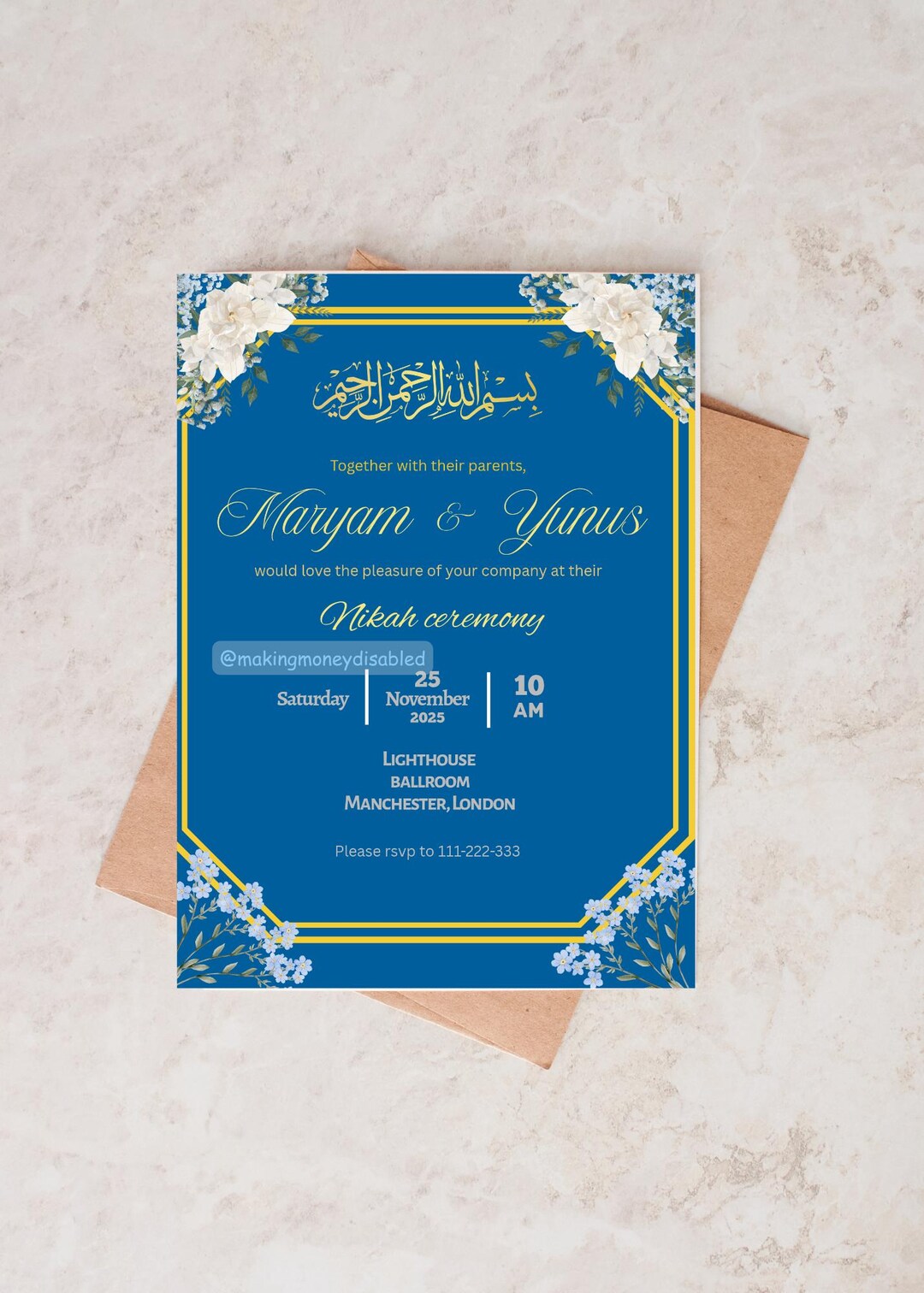 Nikah Wedding Invite Blue Gold Floral Editable Template Portrait - Etsy