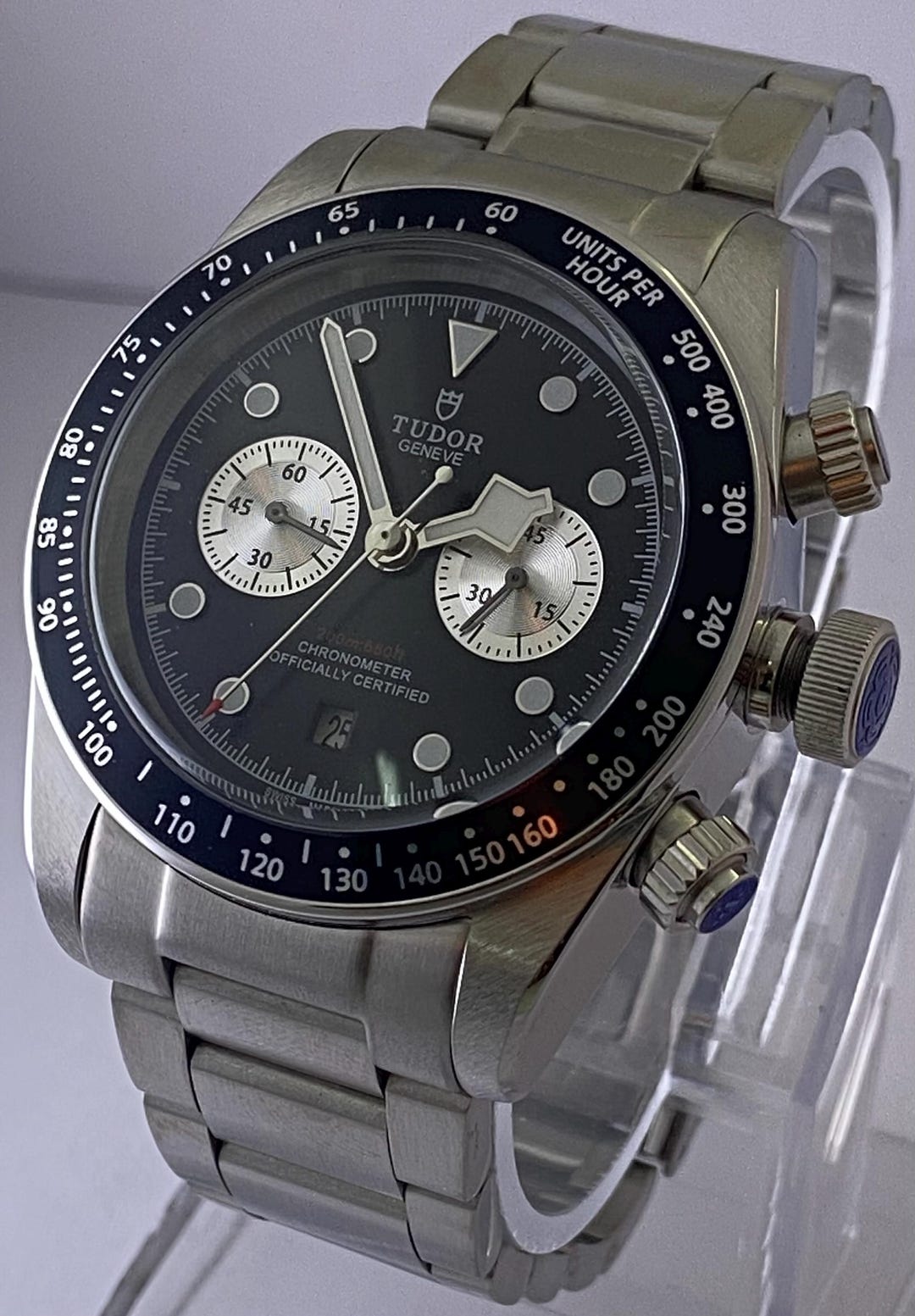Formal Look Tudor Geneve Chronograph With Date : Black Dial, Stainless ...