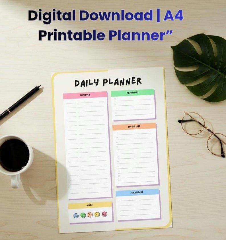 Colorful Daily Planner Printable, Mood Tracker, Gratitude Journal (A4 ...