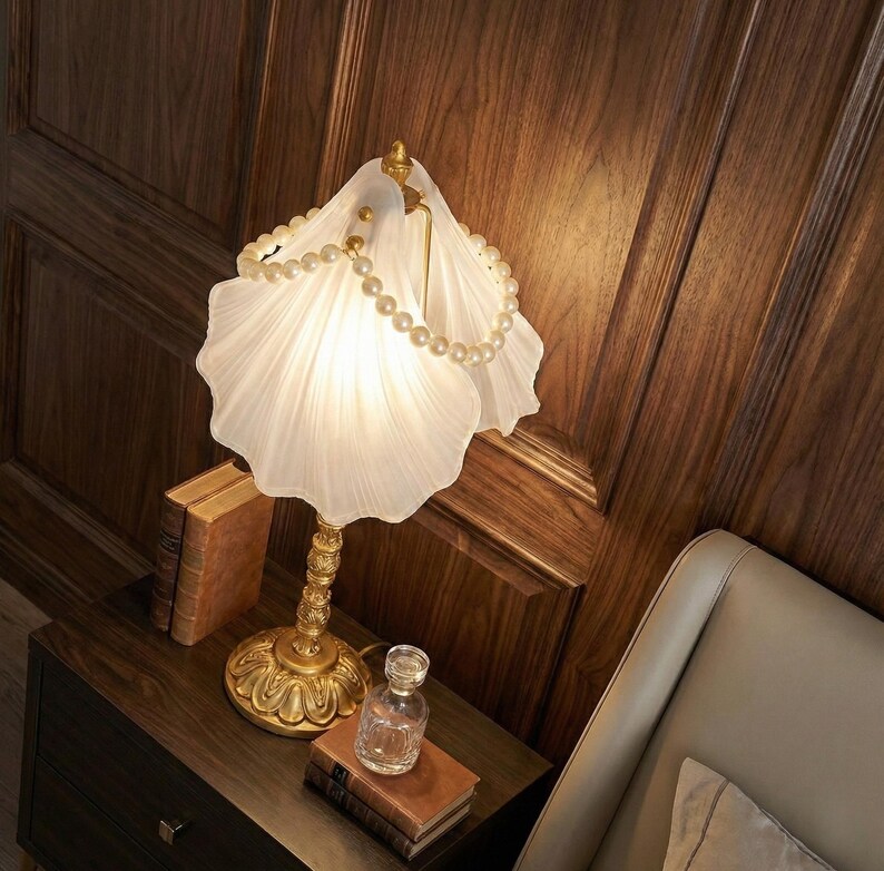 Vintage Pearl Shell Table Lamp, French Cream Coastal Bedside Light - Etsy