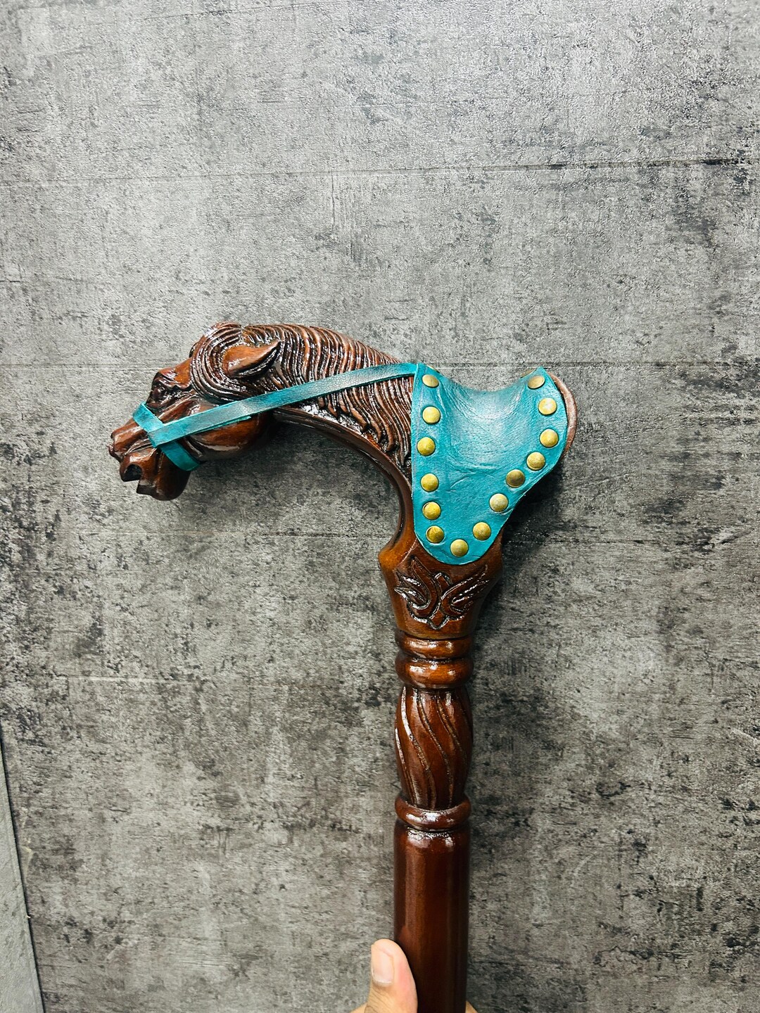 Handcrafted Wooden Horse Head Walking Cane: Leather Accent - Etsy