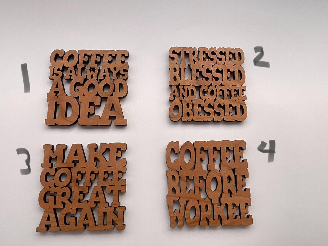Coffee-themed Cherry Wood Coaster Set | Funny Coffee Quotes | Handmade ...