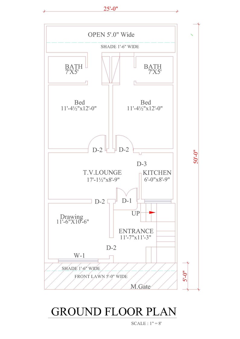 25x50 House Map Ground Floor Plan | 2 Bedroom 2 Bath Layout | Autocad ...