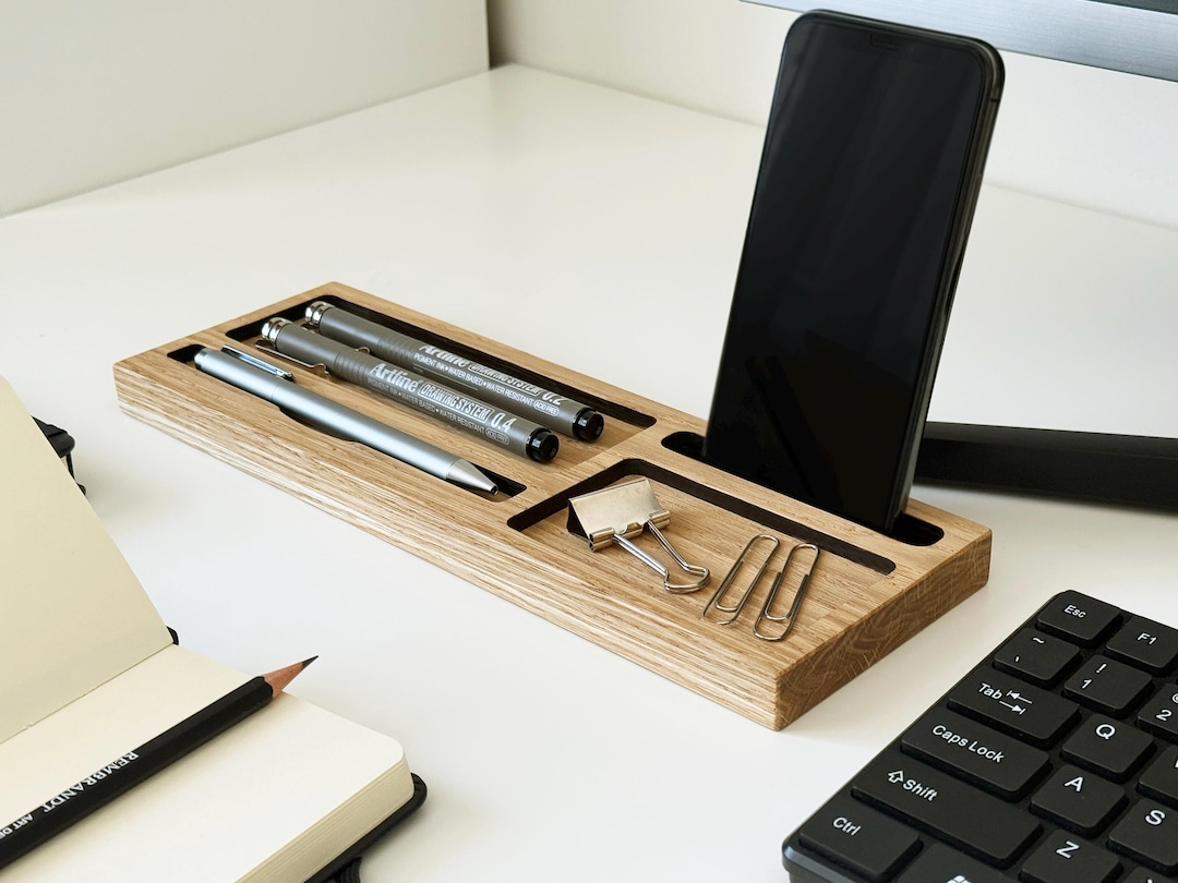 Personalized Oak Desk Organizer & Phone Stand – Minimalist Wooden ...