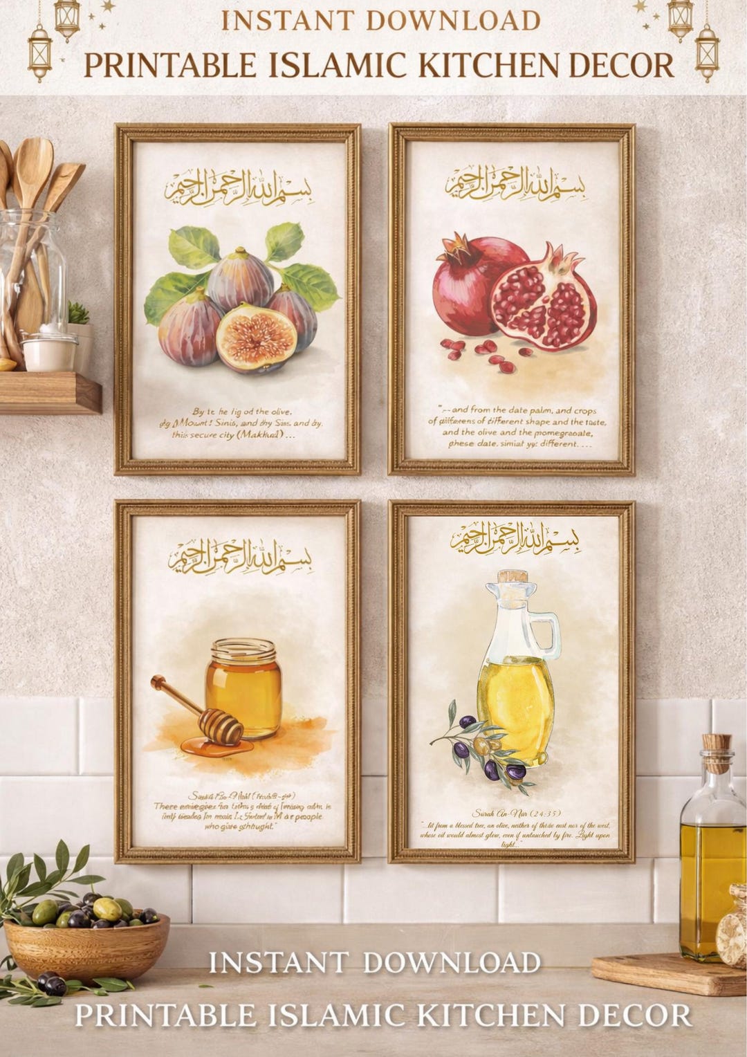 Islamic Kitchen Wall Art Set – Quranic Food: Olive Oil, Honey ...
